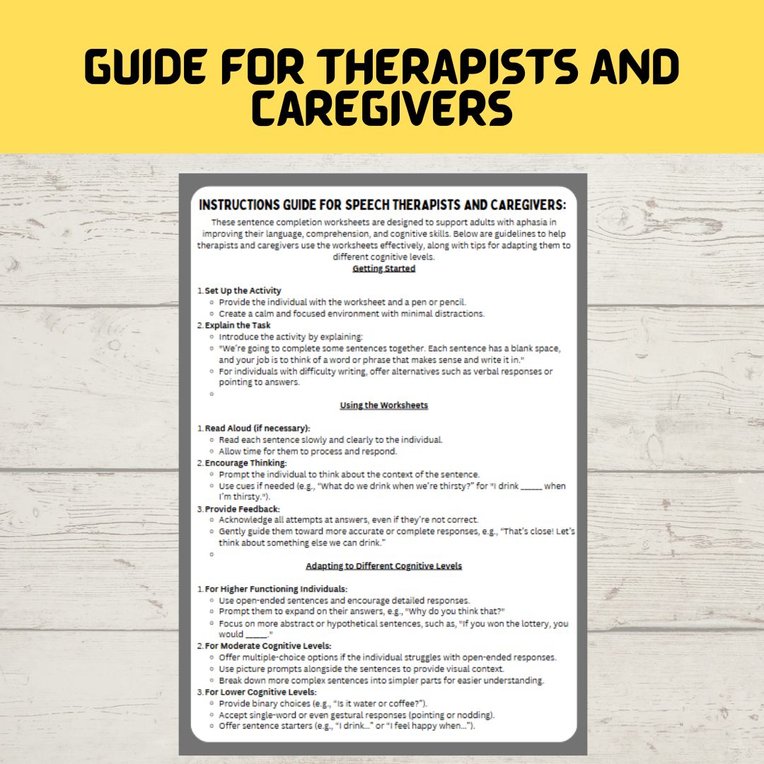 Aphasia Sentence Completion Worksheets, Printable Speach Therapy Activ