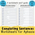 Aphasia Sentence Completion Worksheets, Printable Speach Therapy Activ